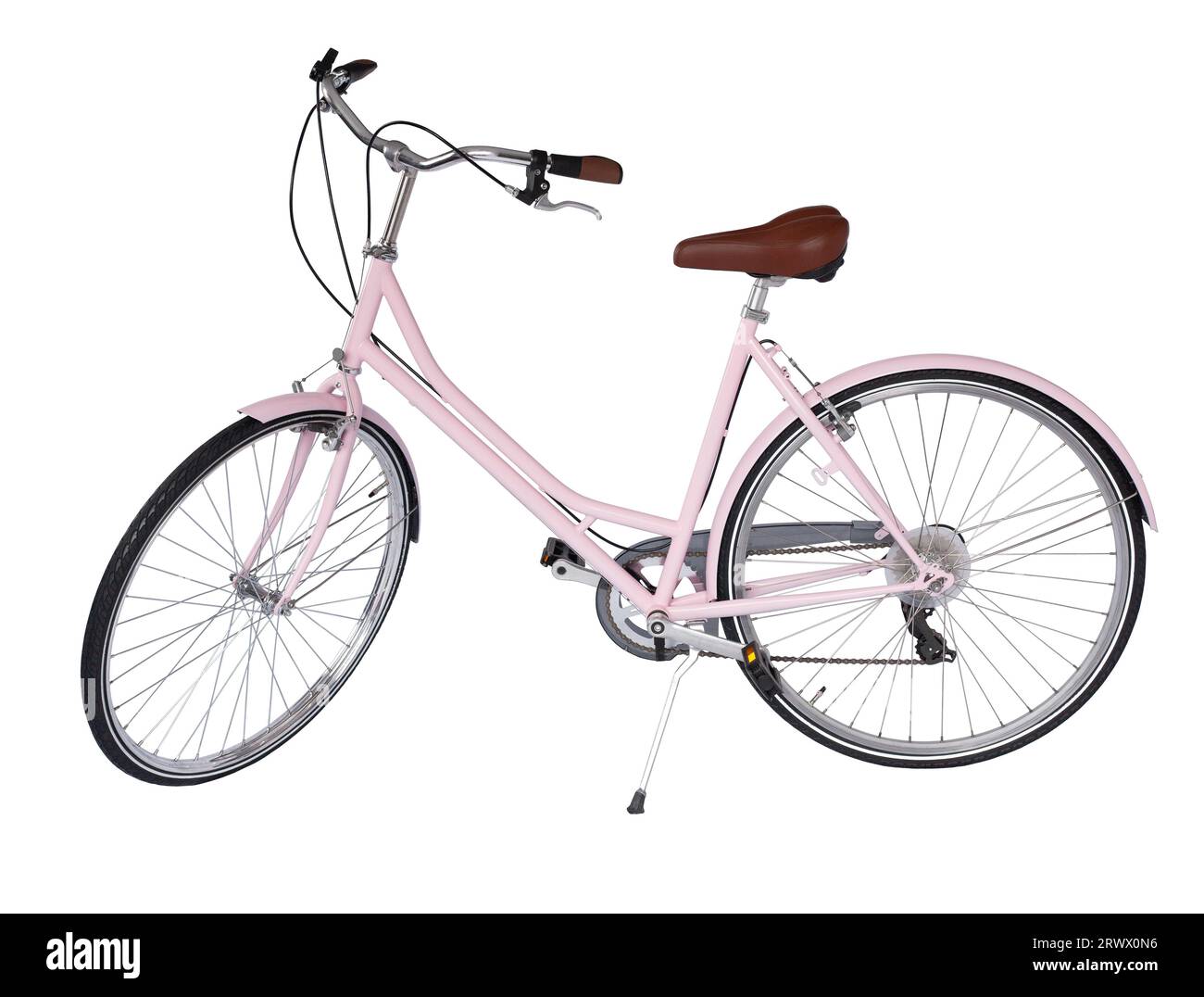 Pink retro bicycle, side view. Brown leather saddle and handles ...