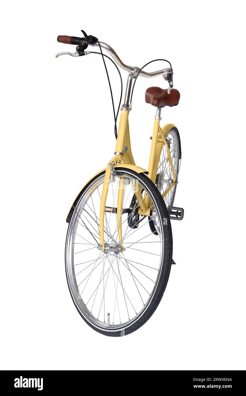 Yellow retro bicycle, front view. Brown leather saddle and handles ...