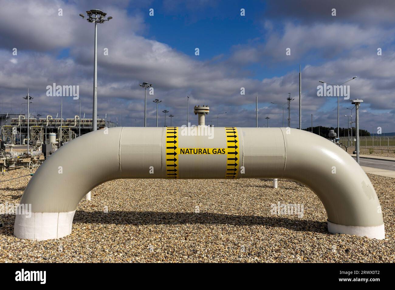 Natural gas main high pressure pipeline with yellow label Stock Photo ...