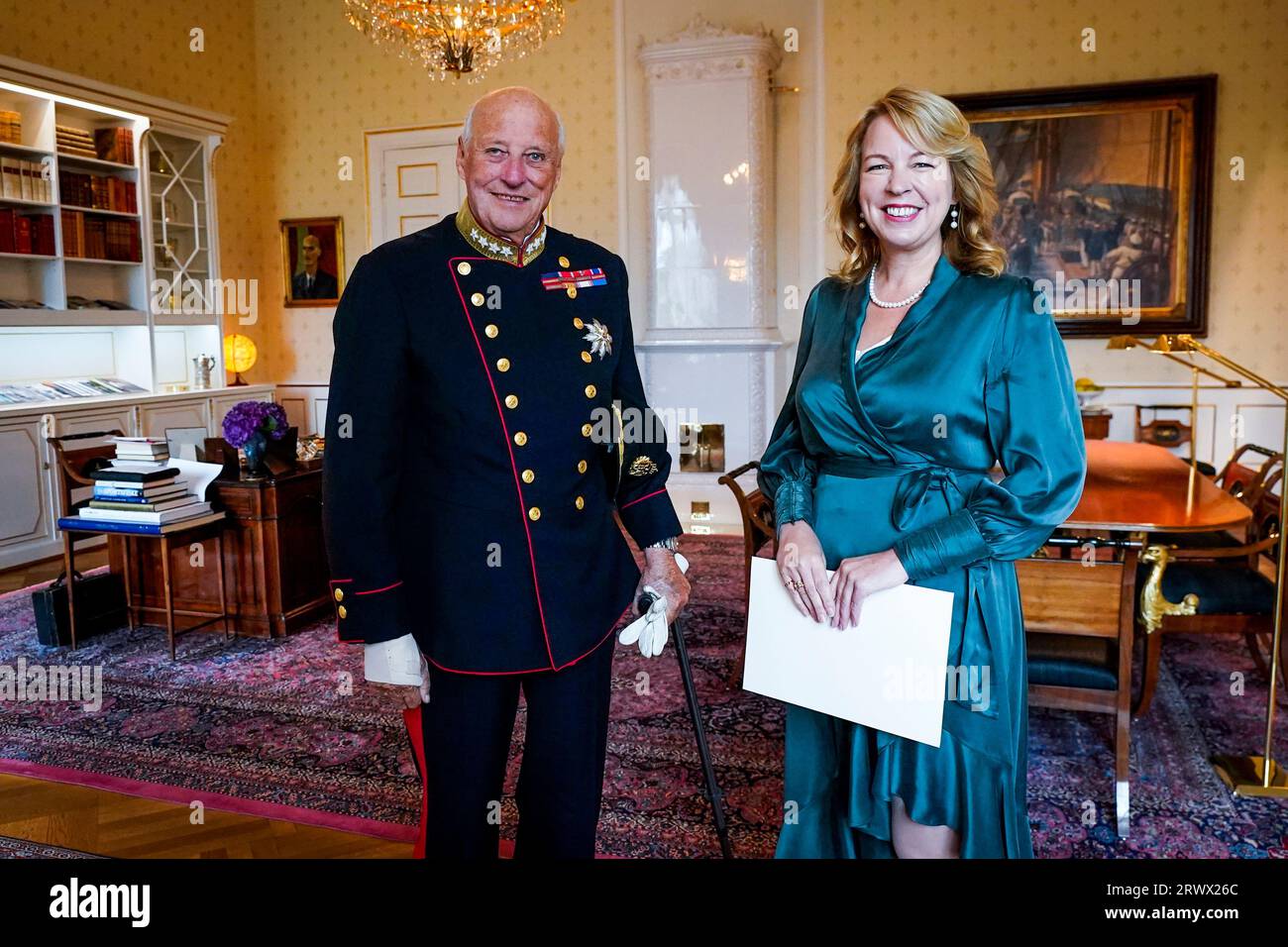Oslo 20230921.King Harald (left) receives Canada's ambassador Amy Lowe ...