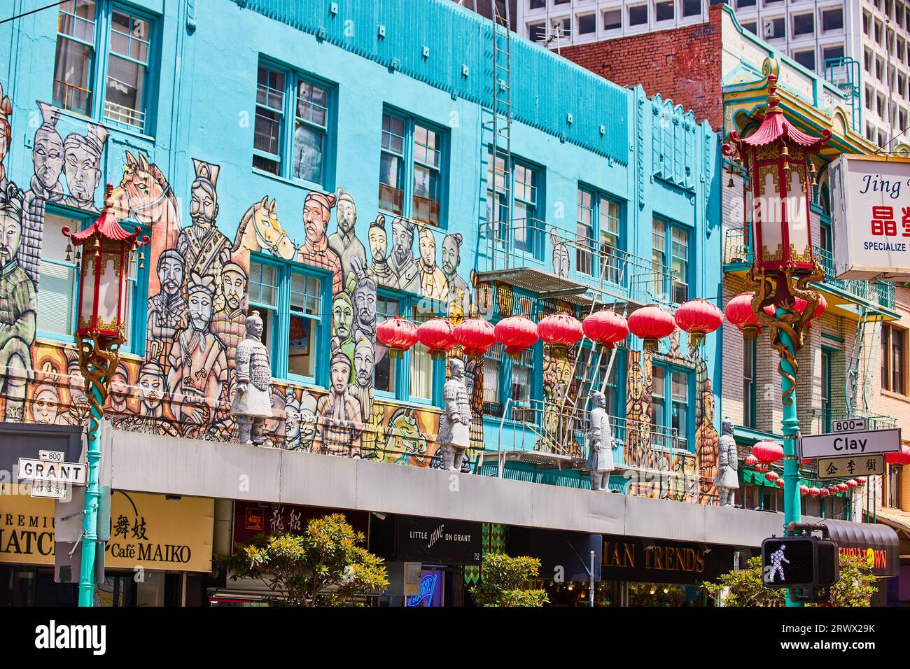 Chinese building mural along clay street with red paper lanterns and ...