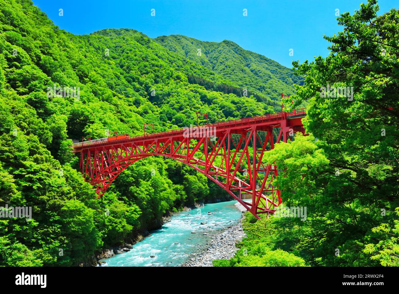 Kurobe Gorge Railway trolley train in fresh green and clear sky Stock ...