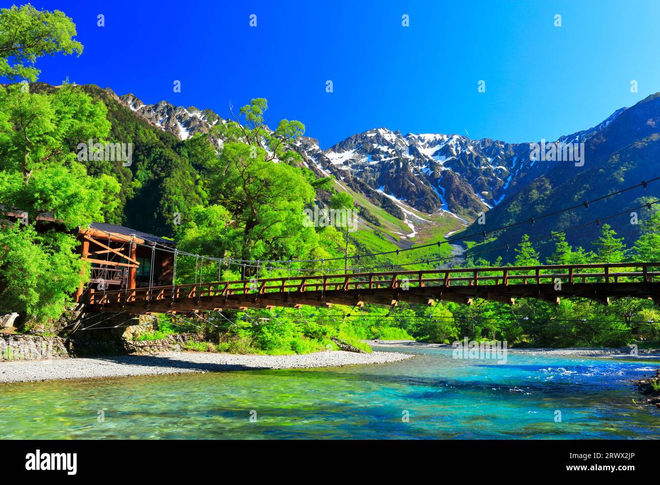 Clear Azusa River, unmanned Kappa-bashi Bridge and snow-capped Hotaka ...