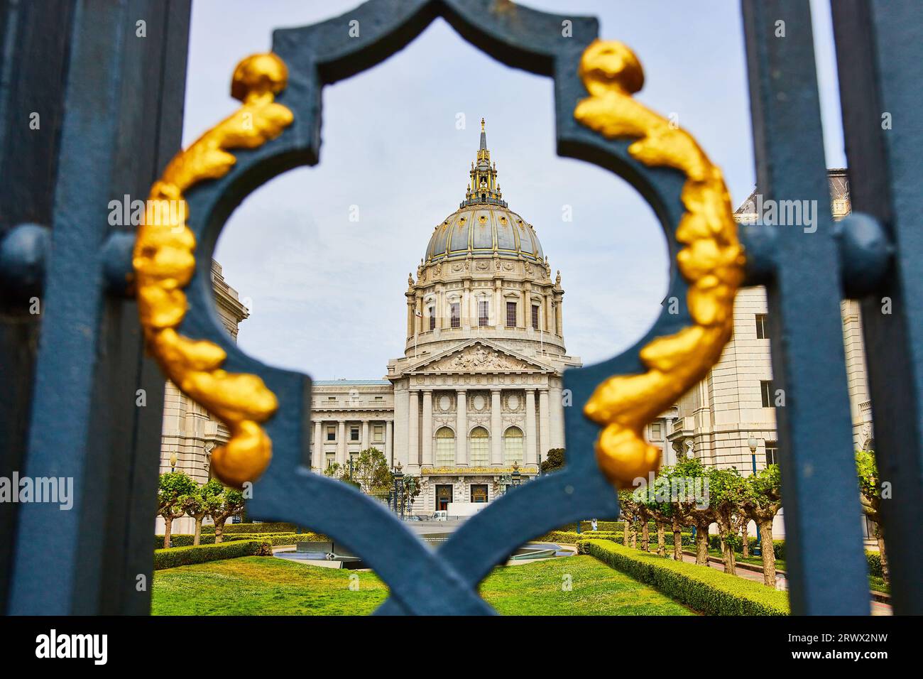Abstract view of memorial court and city hall through fancy black and ...