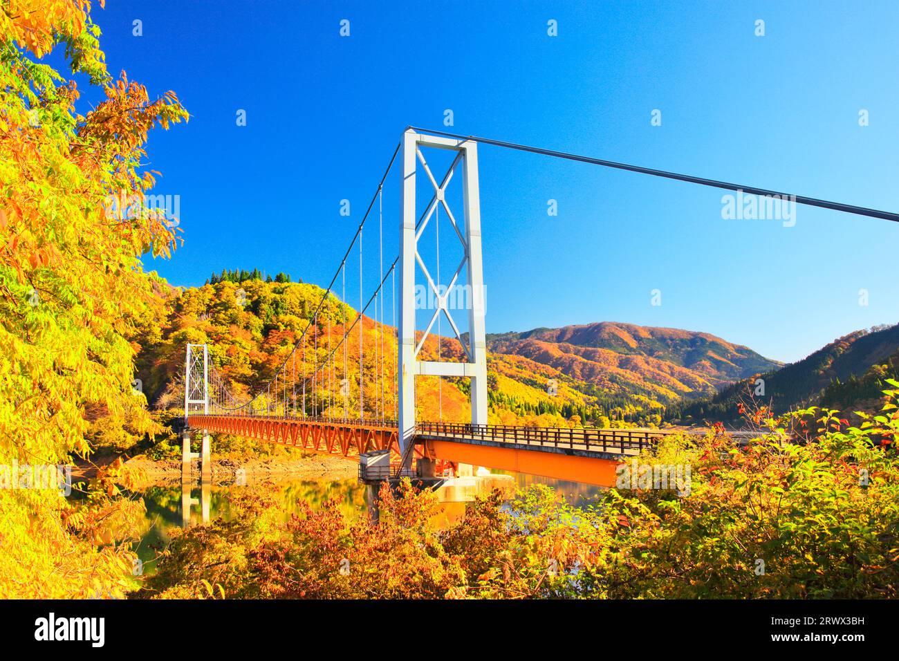 Lake Kuzuryu in Autumn with the Bridge of Dreams and Autumn Leaves ...