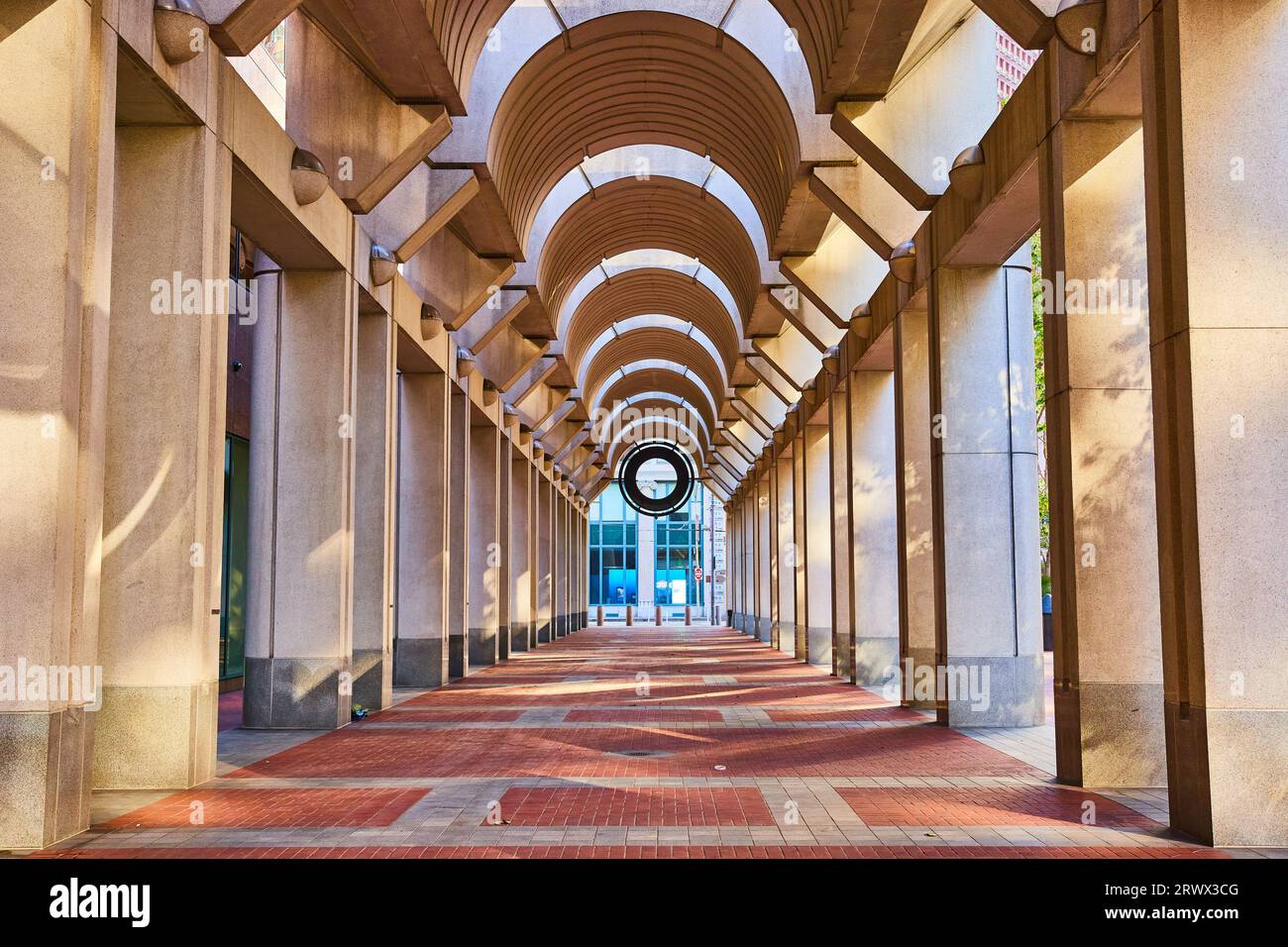 Wide view of curved ceiling with patterned red and tan brick pattern on ...