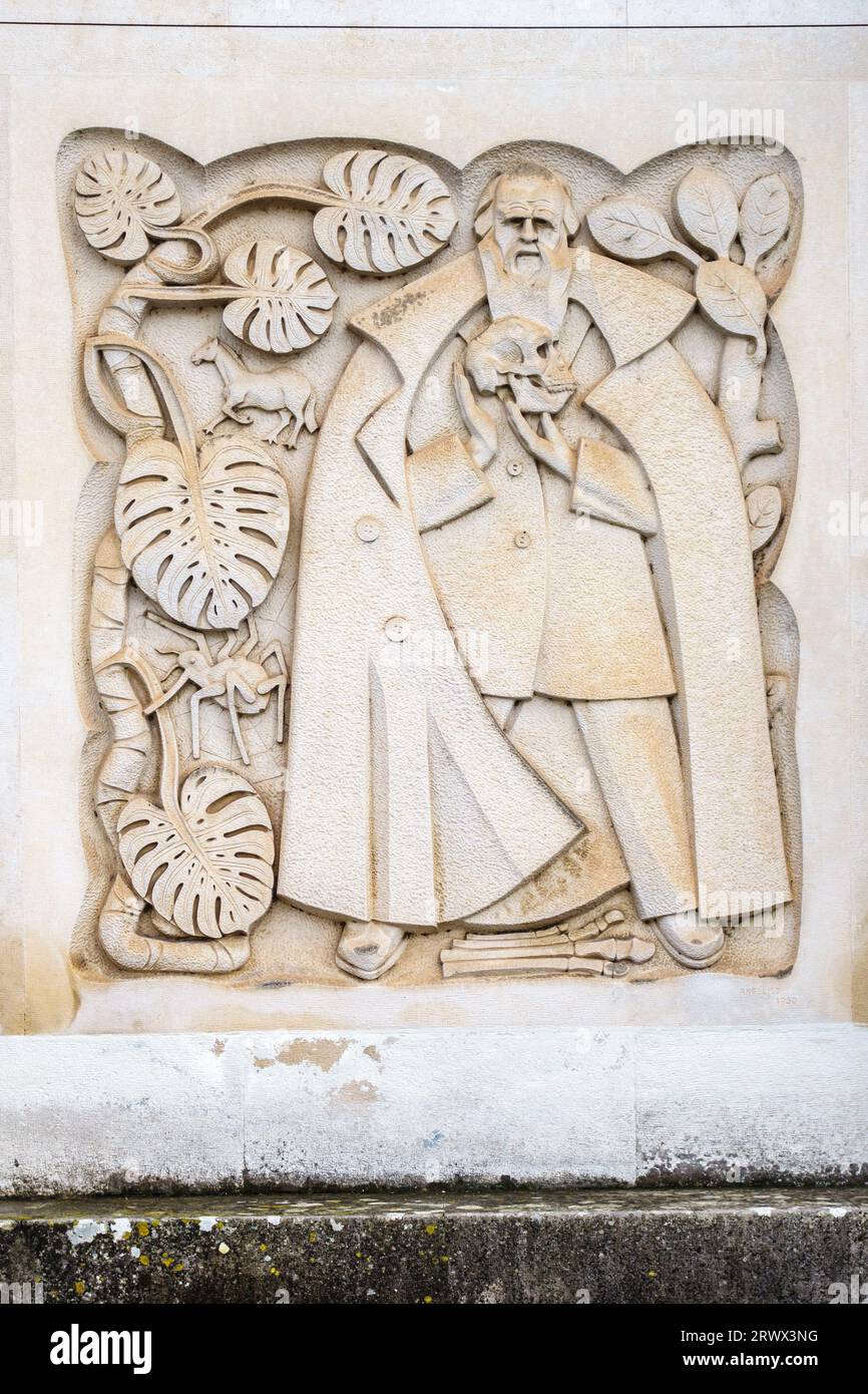 A modernist bas-relief carving depicting Biology on the facade of the ...