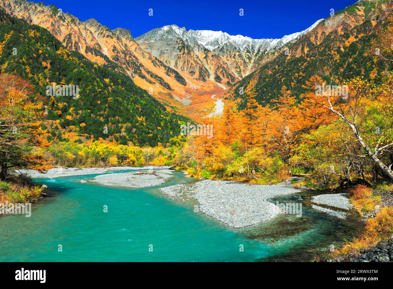 Clear autumn leaves on the clear stream of Azusa River and snow-capped ...