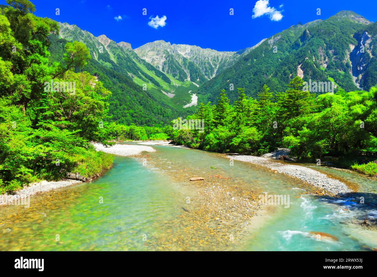 Kamikochi in summer Azusa River clear stream and Hotaka mountain range ...