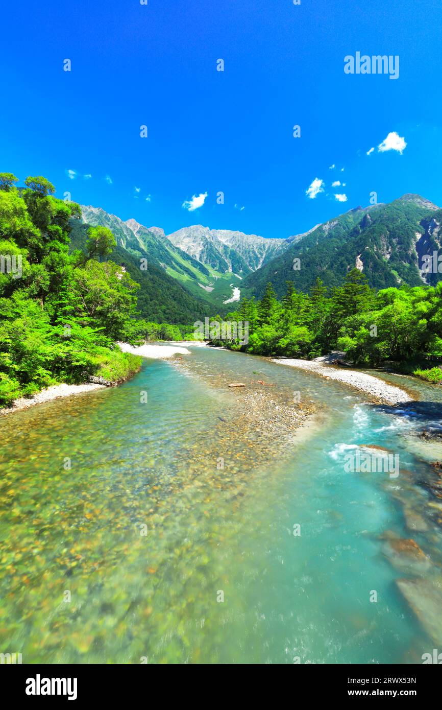 Kamikochi in summer Azusa River clear stream and Hotaka mountain range ...
