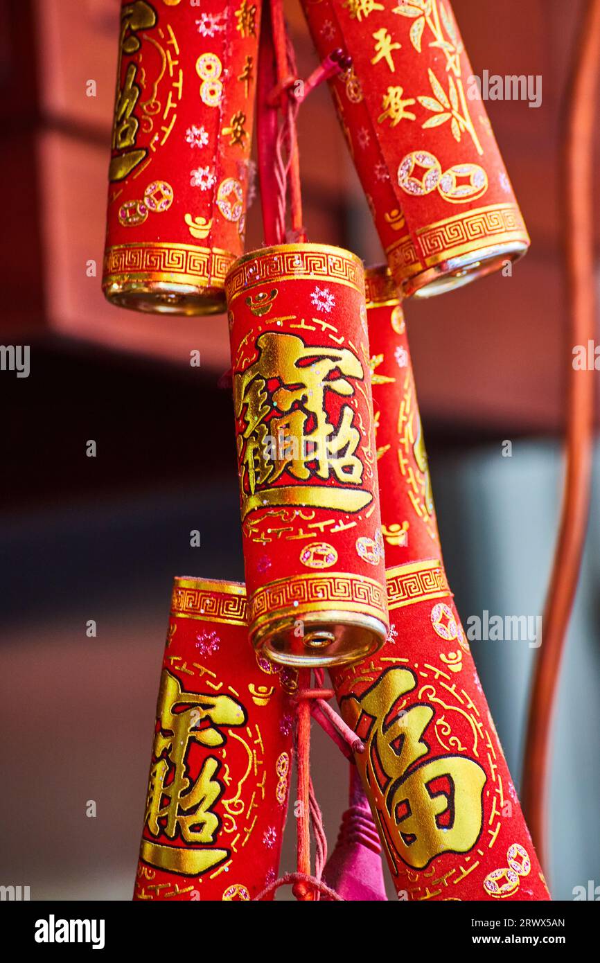 Red and gold Chinese New Year firecracker rope Stock Photo - Alamy