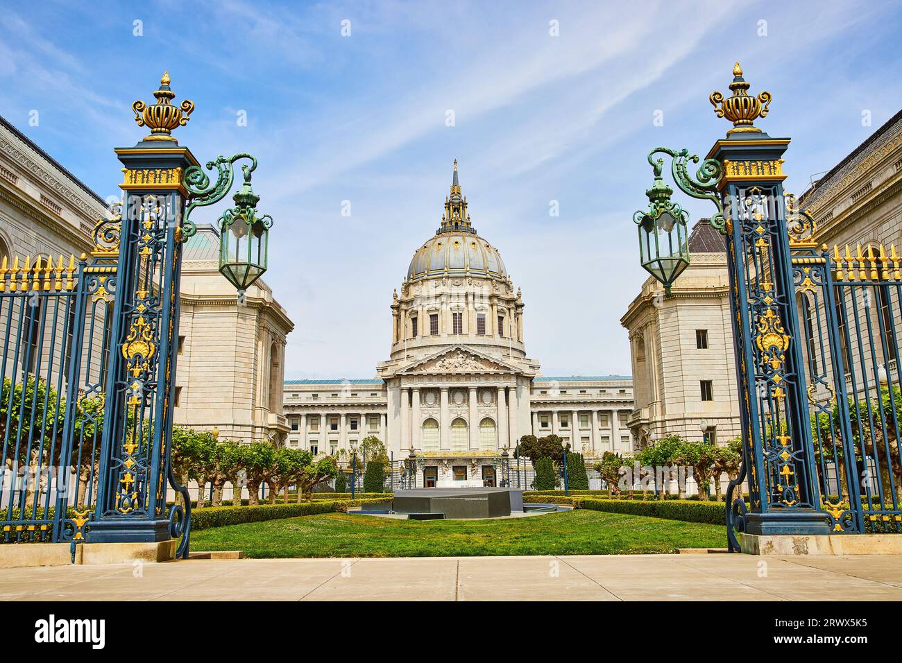San Francisco city hall memorial court with view through gilded light ...