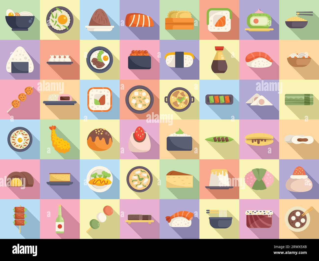 Japanese food icons set flat vector. Tempura asian. Oden plate Stock ...