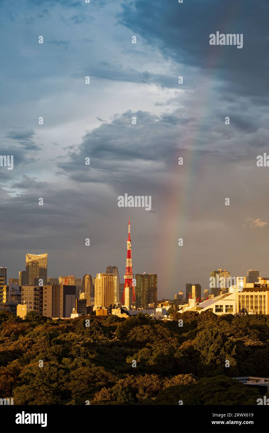 Tokyo, Japan. 21st Sep, 2023. A rainbow is seen after rain in Tokyo ...