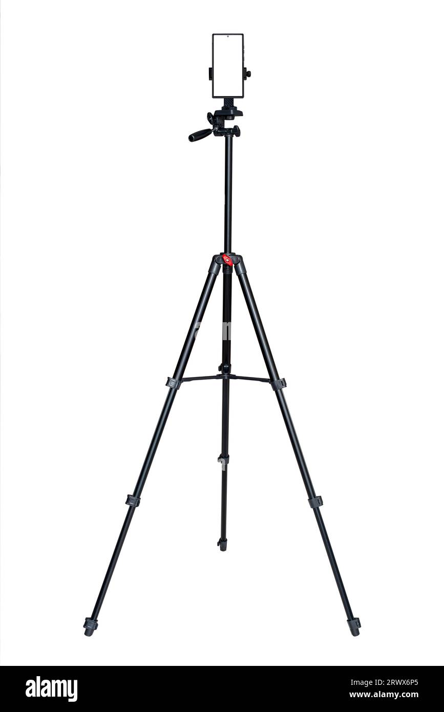 Smartphone with blank screen on the tripod camera isolated on white ...