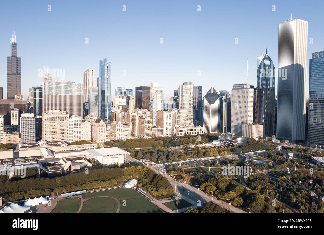 Aerial View of Downtown Chicago during Late Summer Morning, Blue Sky ...