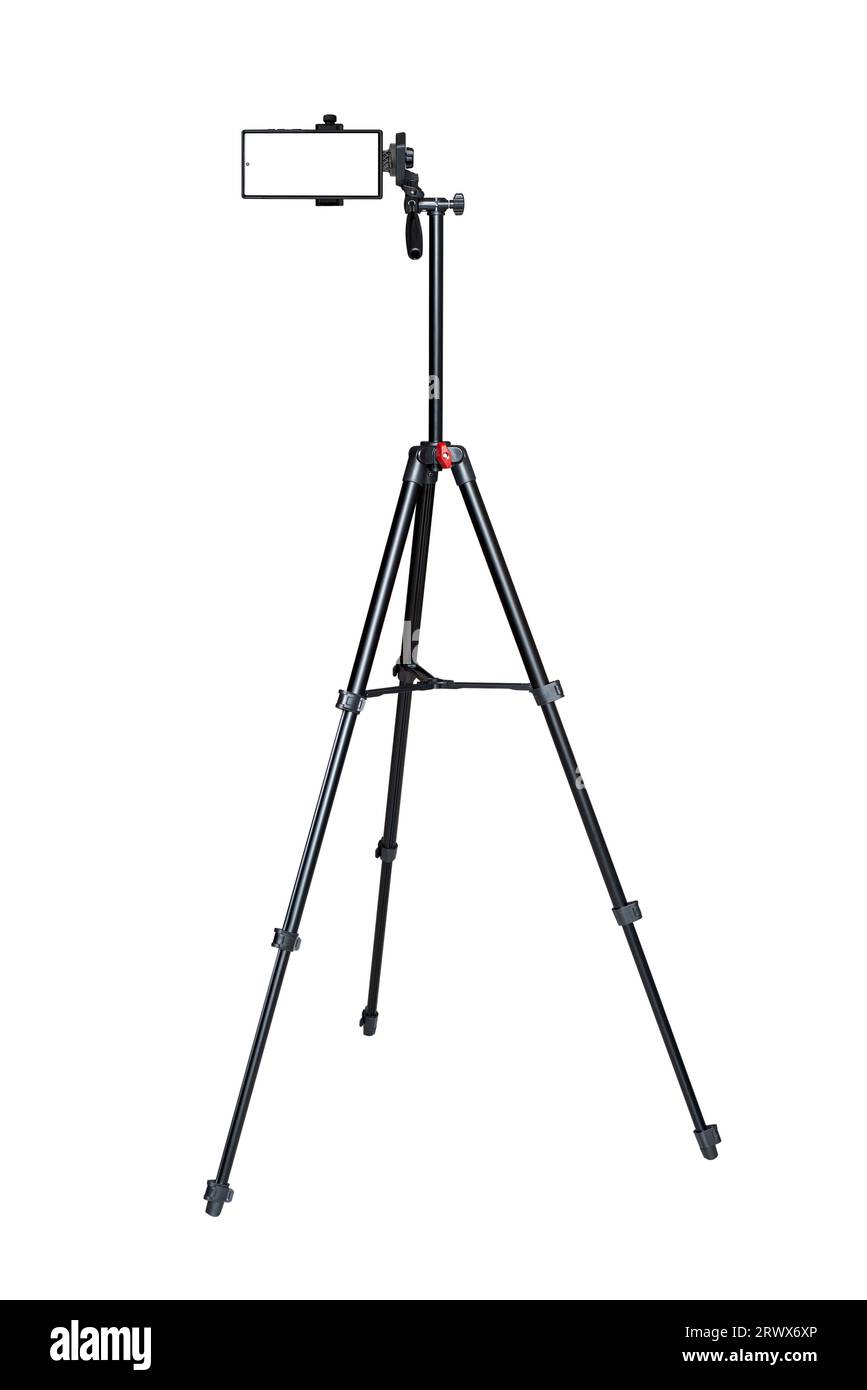 Smartphone with blank screen on the tripod camera isolated on white ...