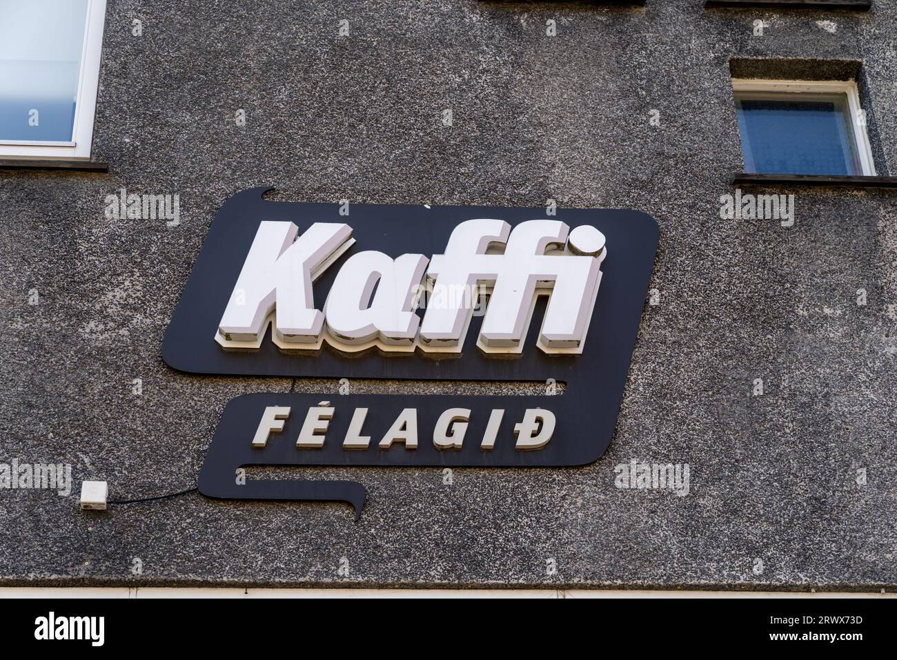 Reykjavik, Iceland - July 10, 2023: Sign and logo for Kaffi Felagid, a ...