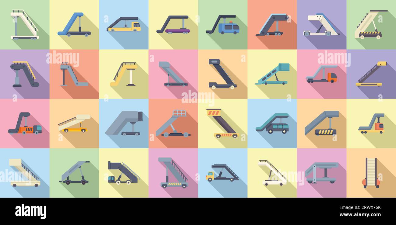 Airplane stairs icons set flat vector. Engine plane. Arrival staff ...