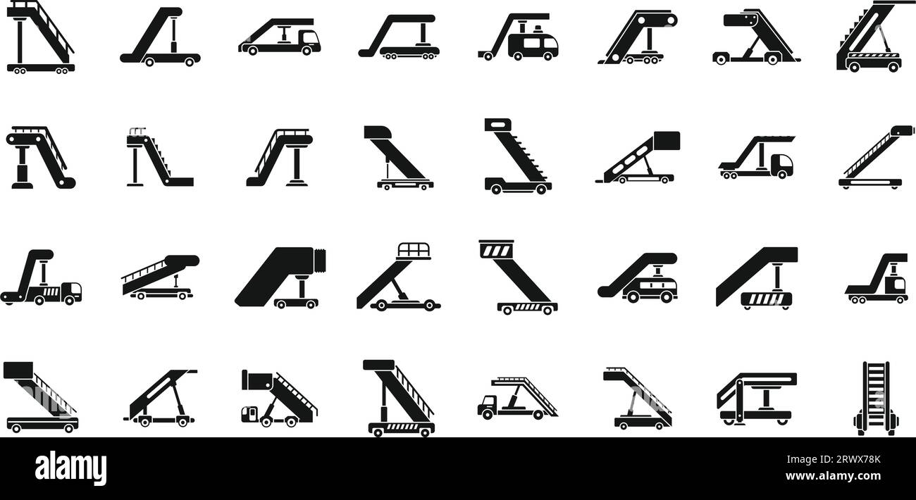 Airplane stairs icons set simple vector. Engine plane. Arrival staff ...