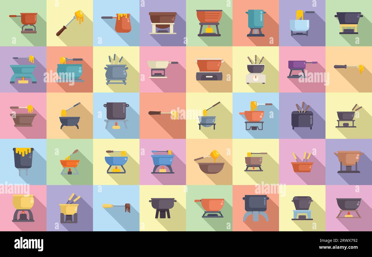 Fondue icons set flat vector. Cheese melted. Cook pot Stock Vector ...