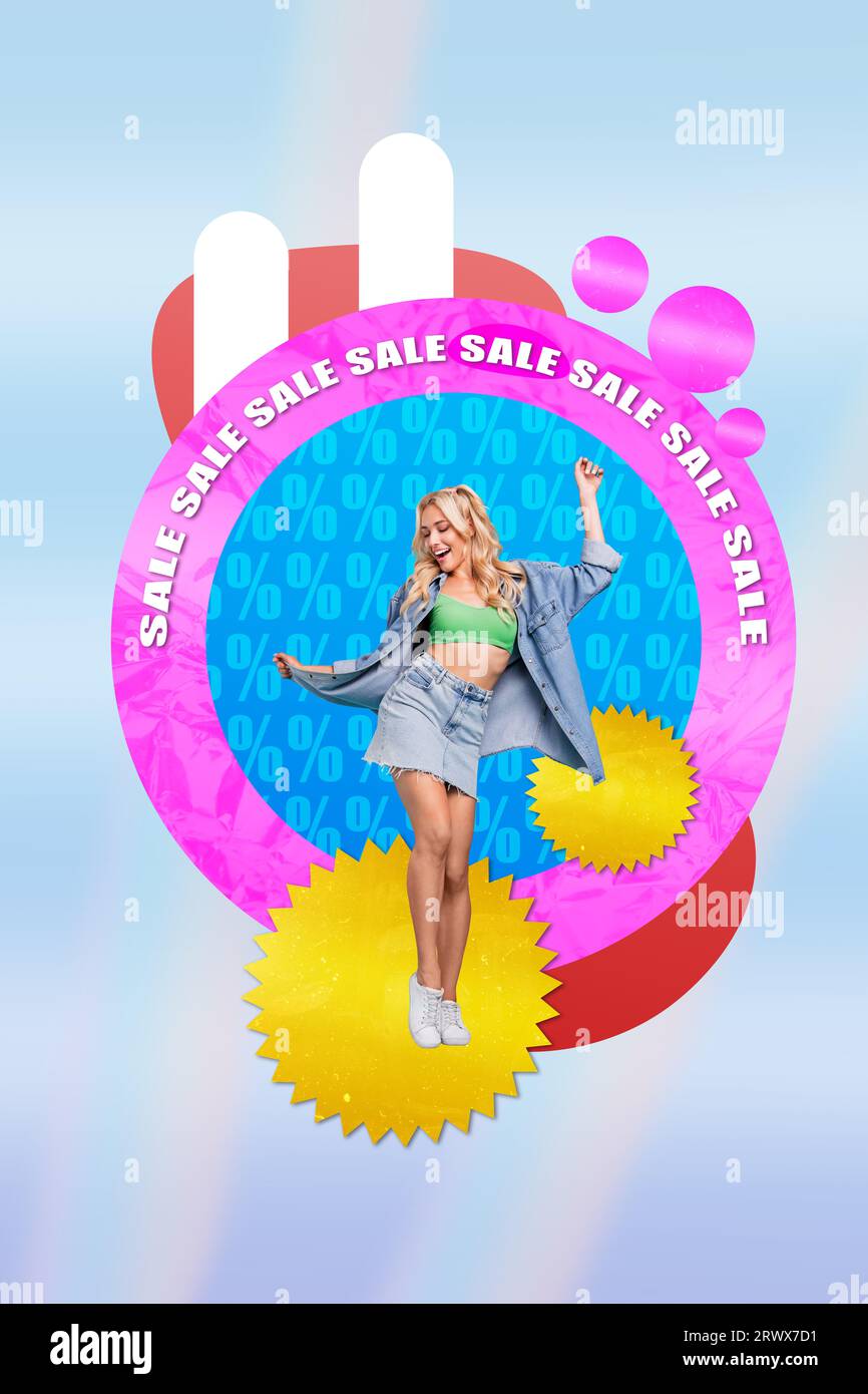 Vertical composite 3d photo picture collage of satisfied gorgeous woman dancing at amazing sale ...