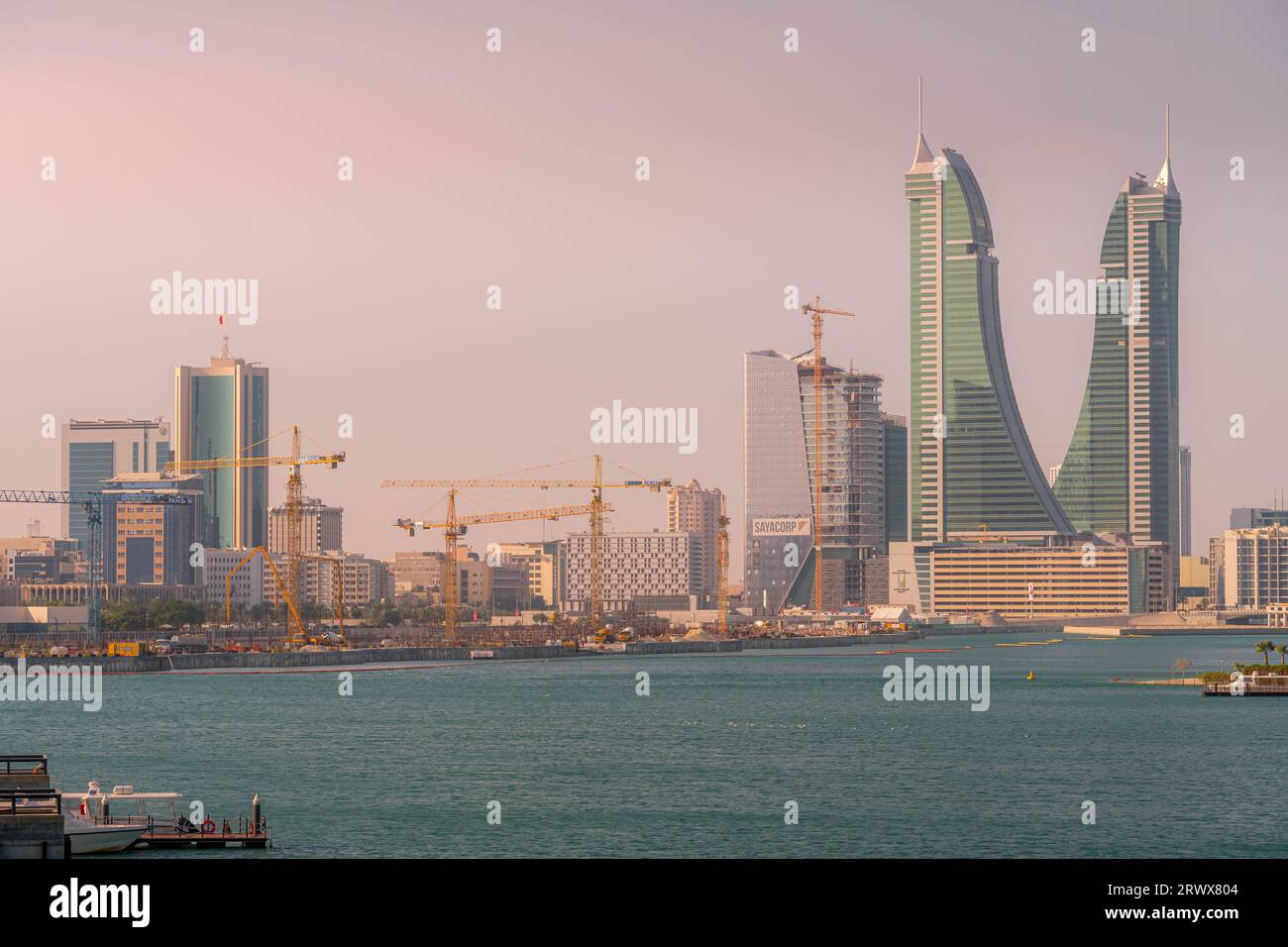 The view on Bahrain Financial Harbor, skyscrapers, and office buildings ...