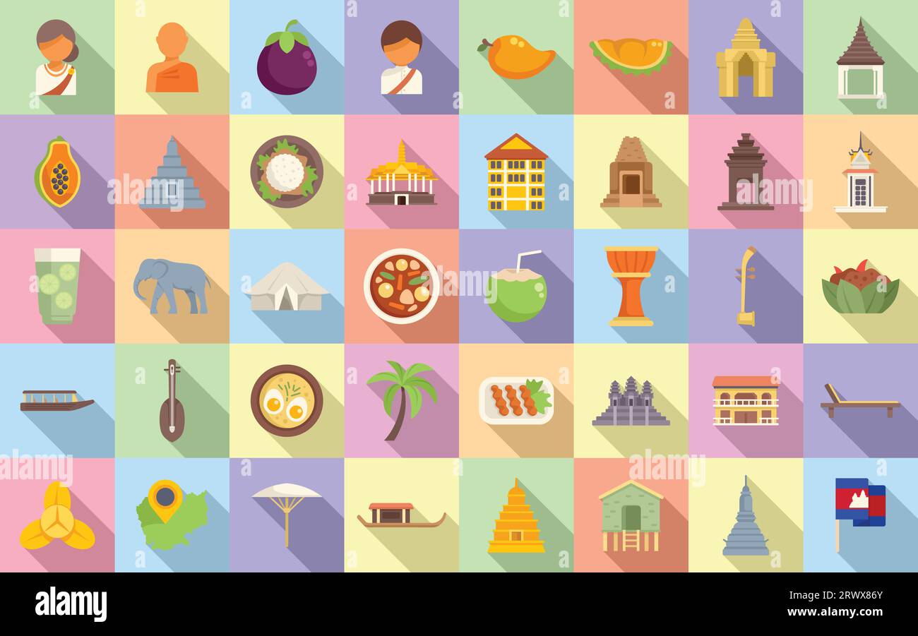 Cambodia icons set flat vector. Asia map. Travel landmark Stock Vector ...