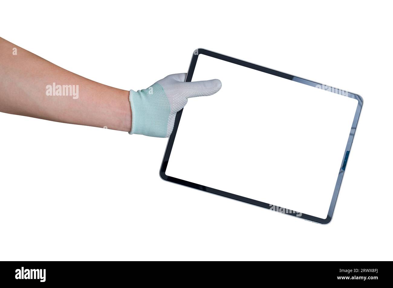 Hand showing tablet with blank screen isolated on white background ...