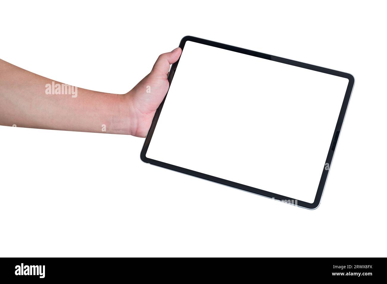 Hand showing tablet with blank screen isolated on white background ...
