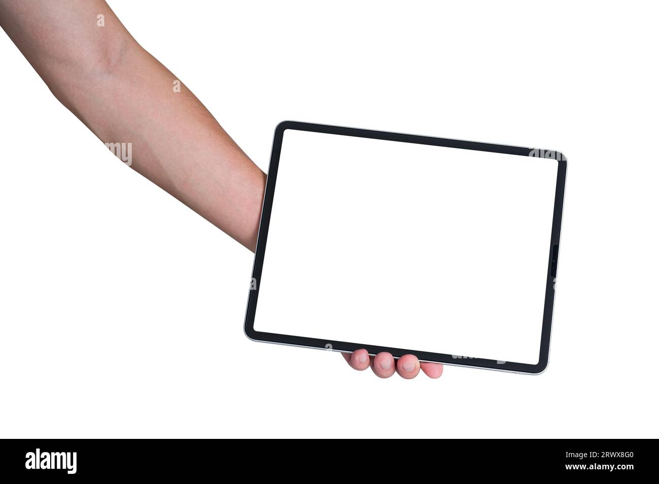 Hand showing tablet with blank screen isolated on white background ...