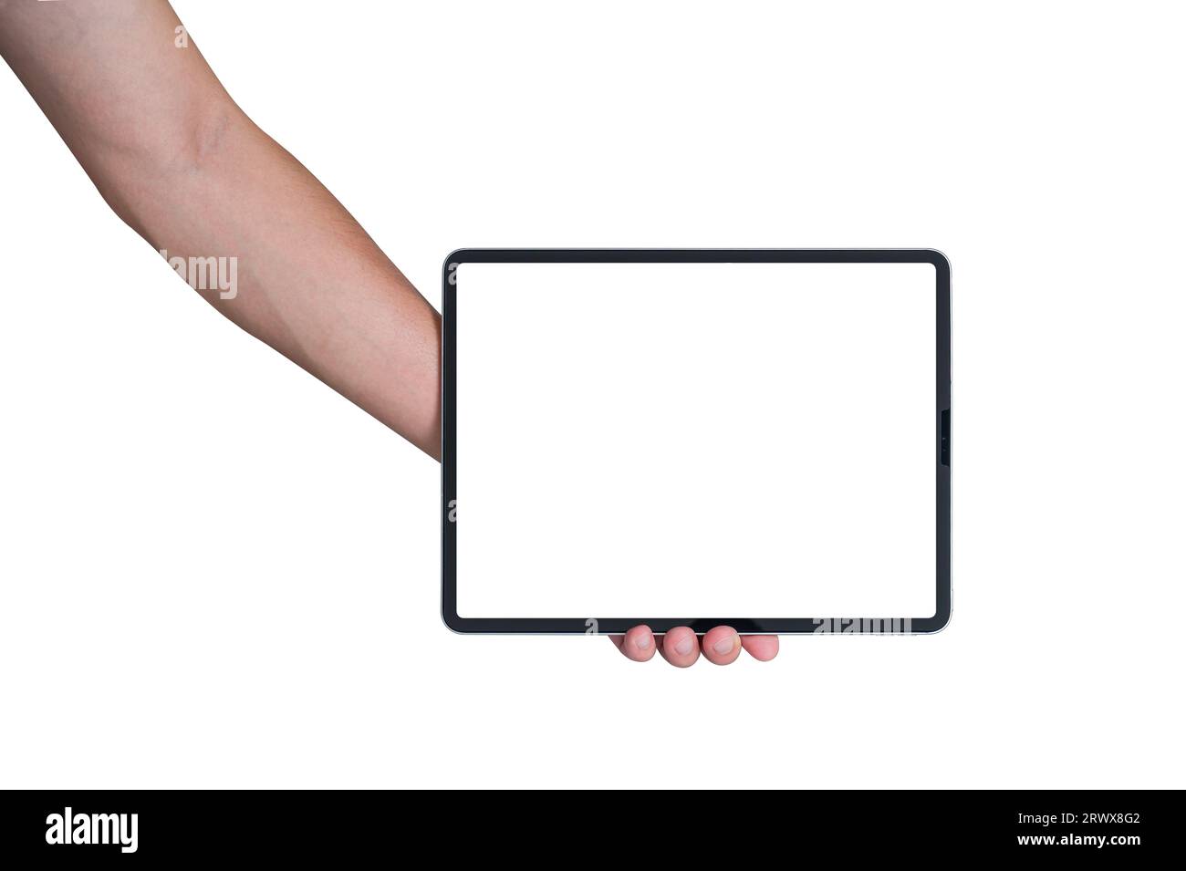 Hand showing tablet with blank screen isolated on white background ...