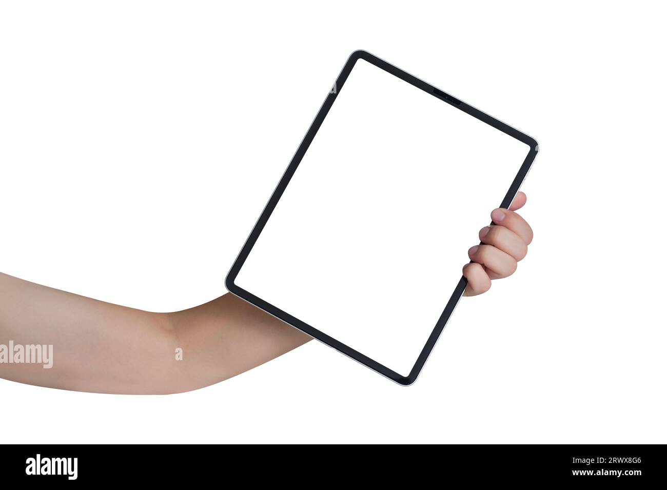 Hand showing tablet with blank screen isolated on white background ...