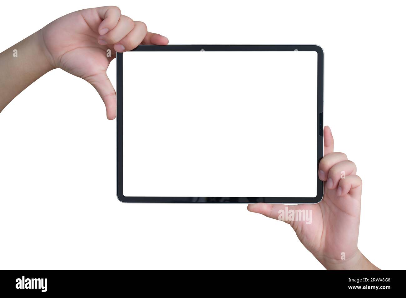 Hand showing tablet with blank screen isolated on white background ...