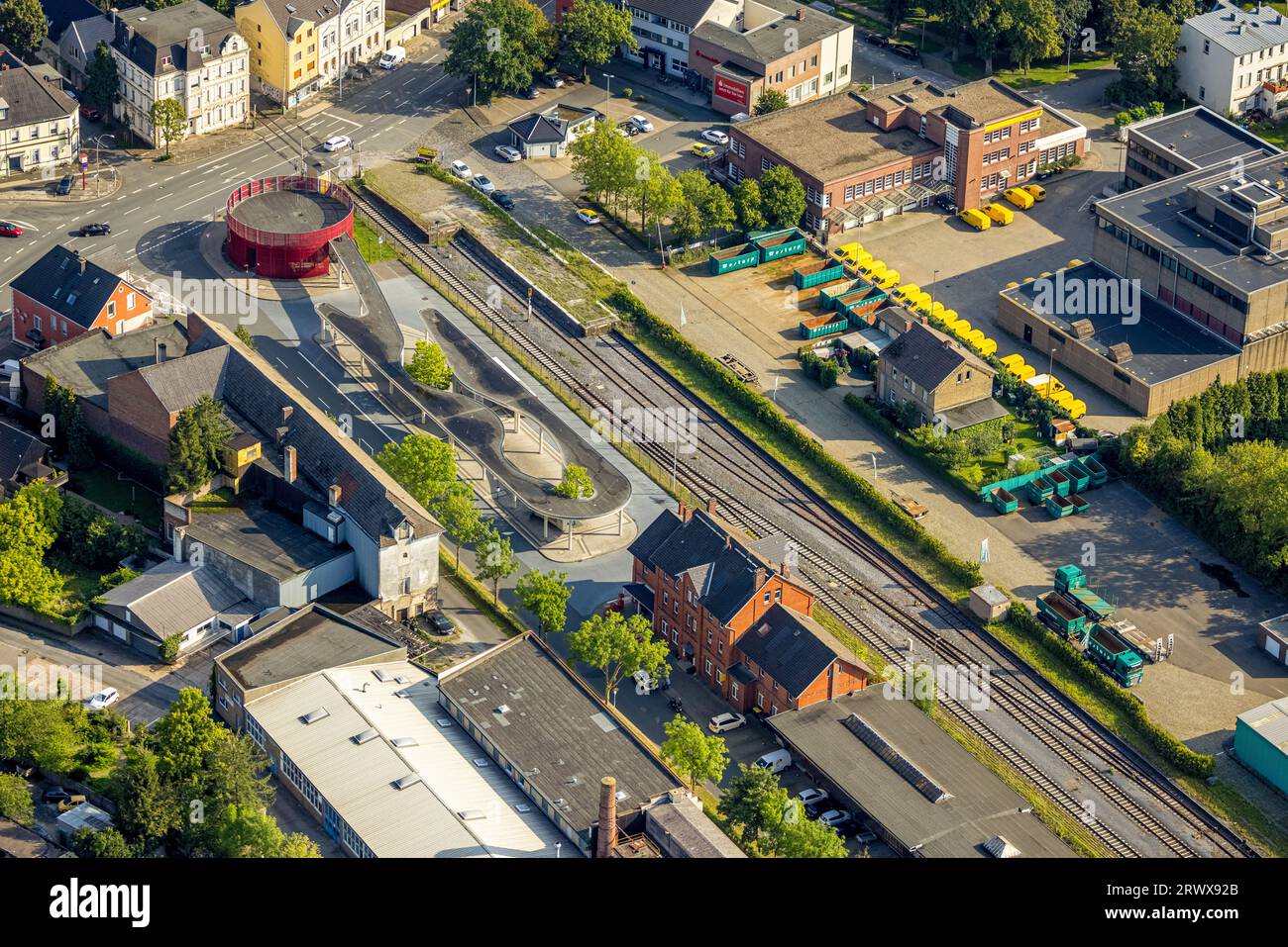 Aerial view, bus station at Kulturbahnhof Beckum, Beckum, Münsterland ...