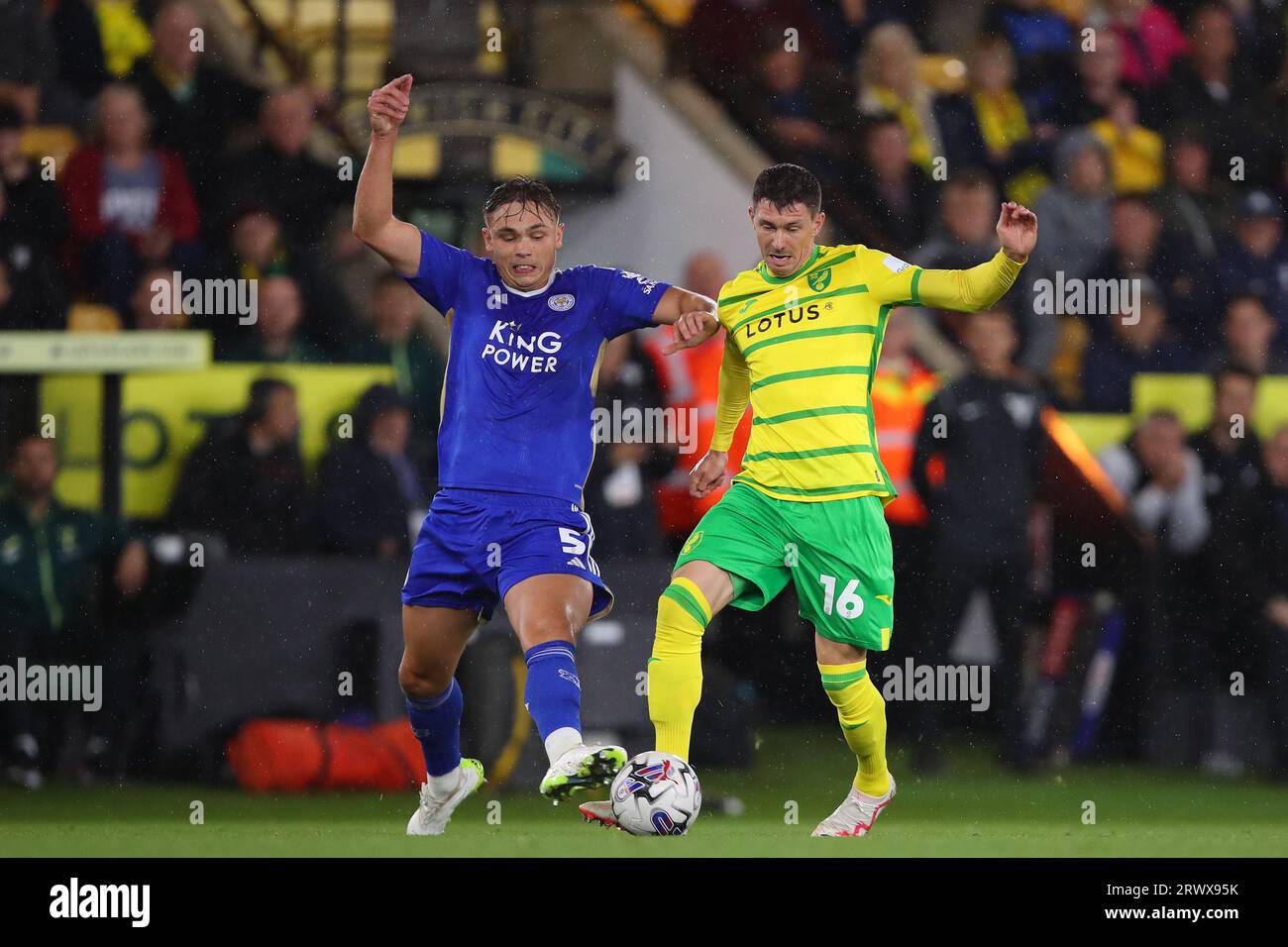 Christian Fassnacht of Norwich City and Callum Doyle of Leicester City ...