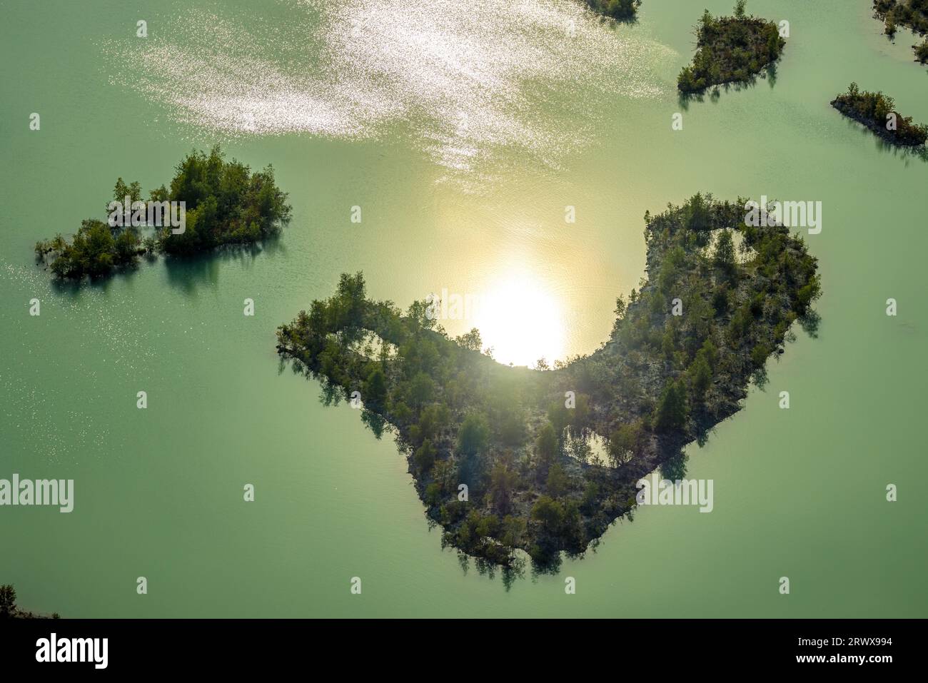 Aerial view, back light at Dyckerhoffsee - Blue Lagoon, Beckum ...
