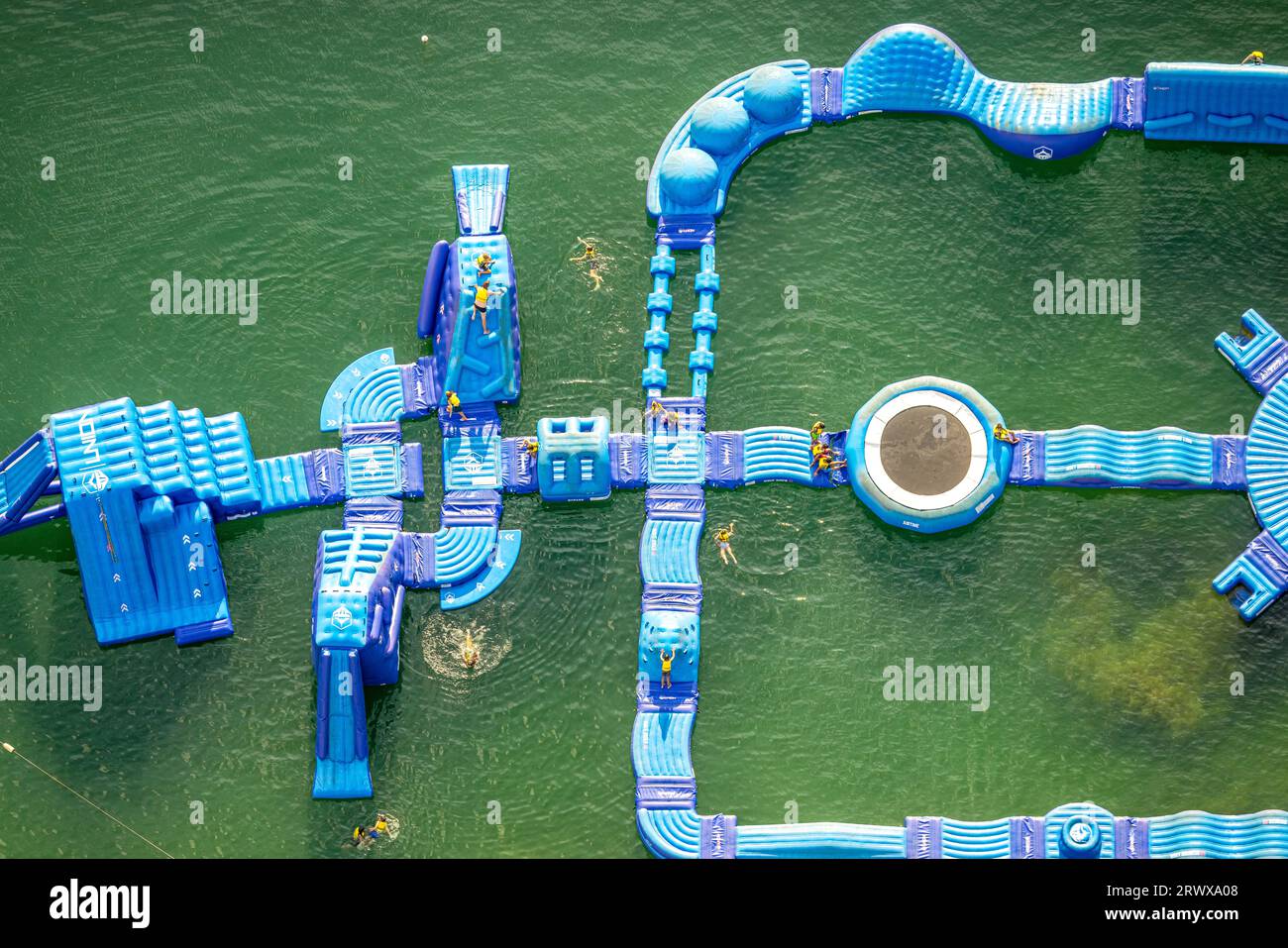Aerial view, Tuttenbrocksee with AquaPark, slides and climbing facility ...
