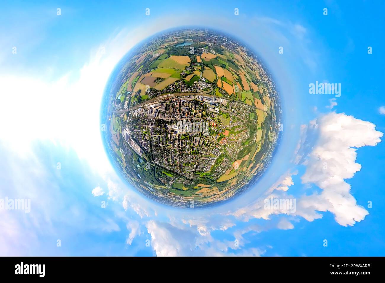 Aerial view, town view Neubeckum and train station, town hall, globe ...