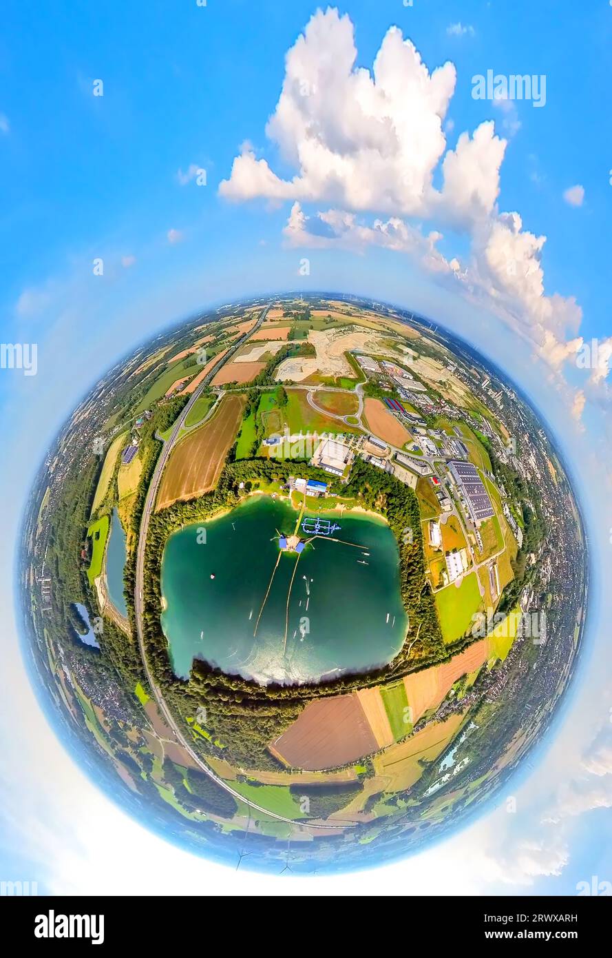 Aerial view, Tuttenbrocksee, TwinCable Beckum water ski facility in the ...