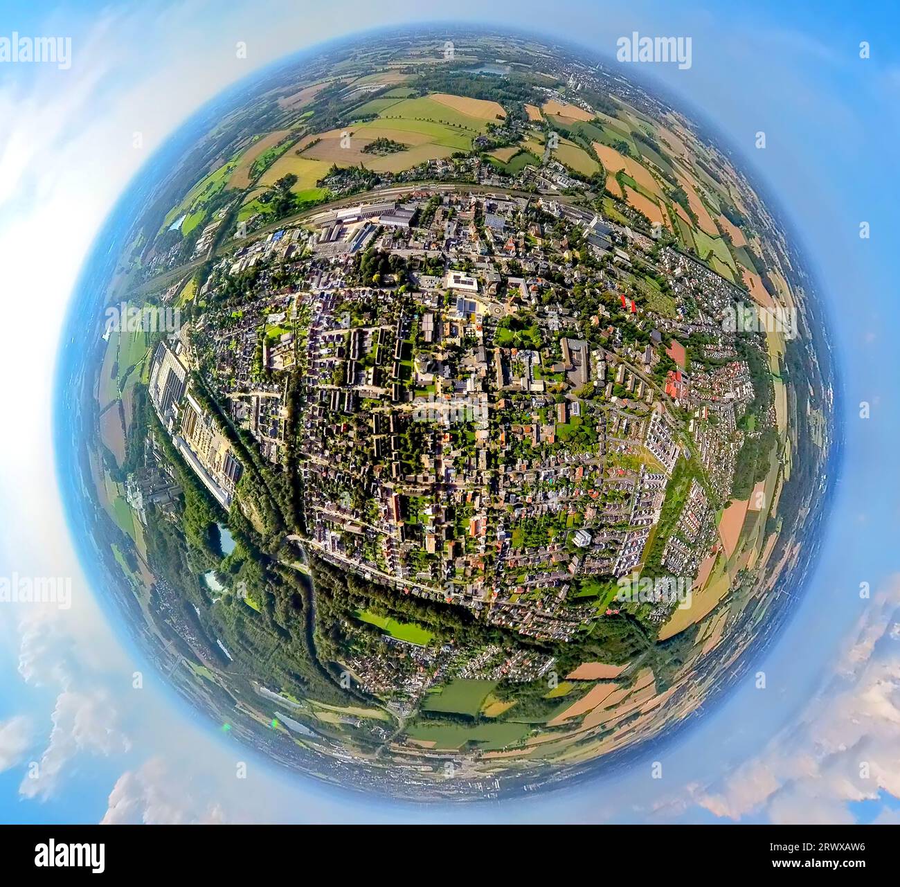 Aerial view, town view Neubeckum and train station, town hall, globe ...