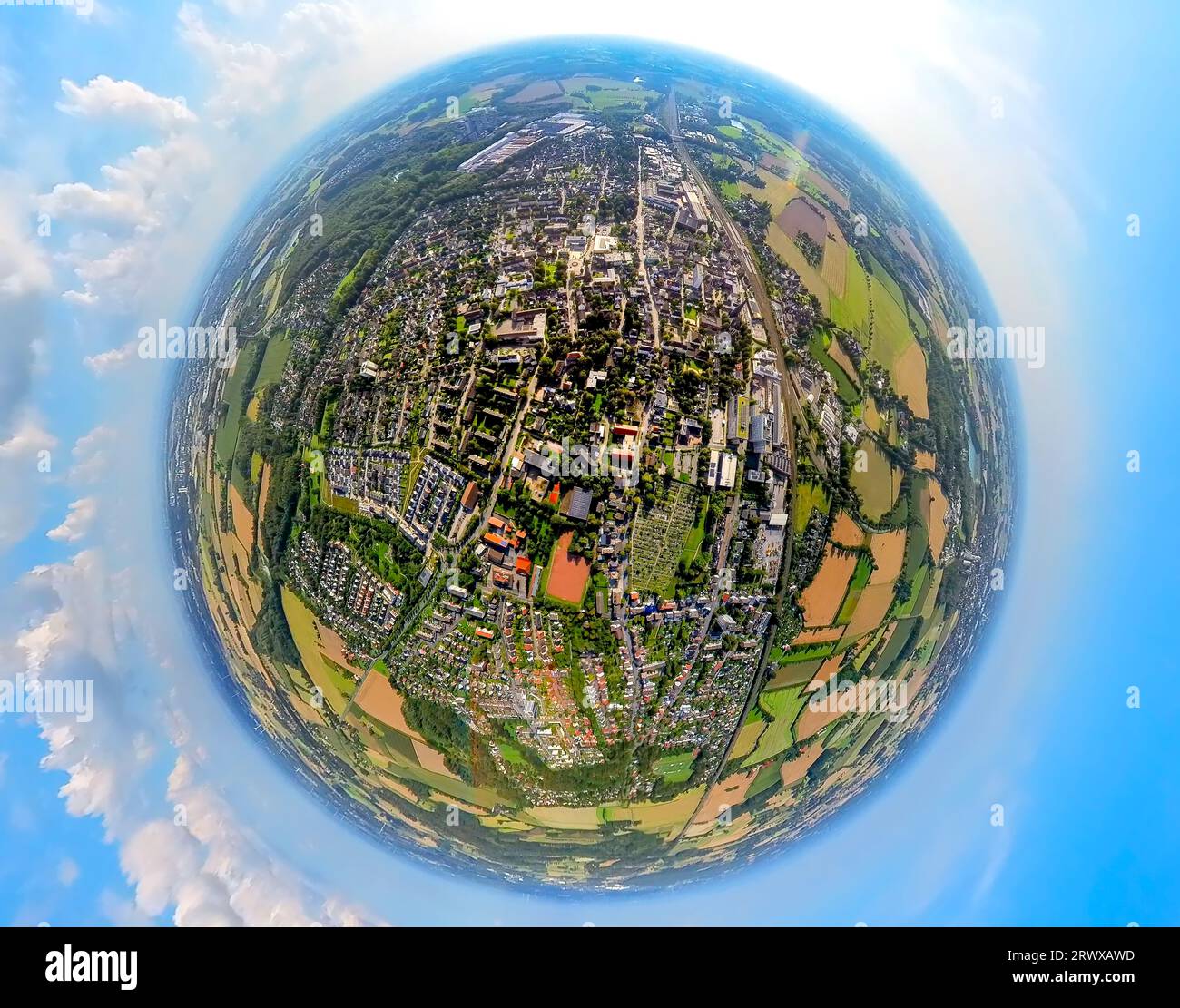 Aerial view, town view Neubeckum and train station, town hall, globe ...