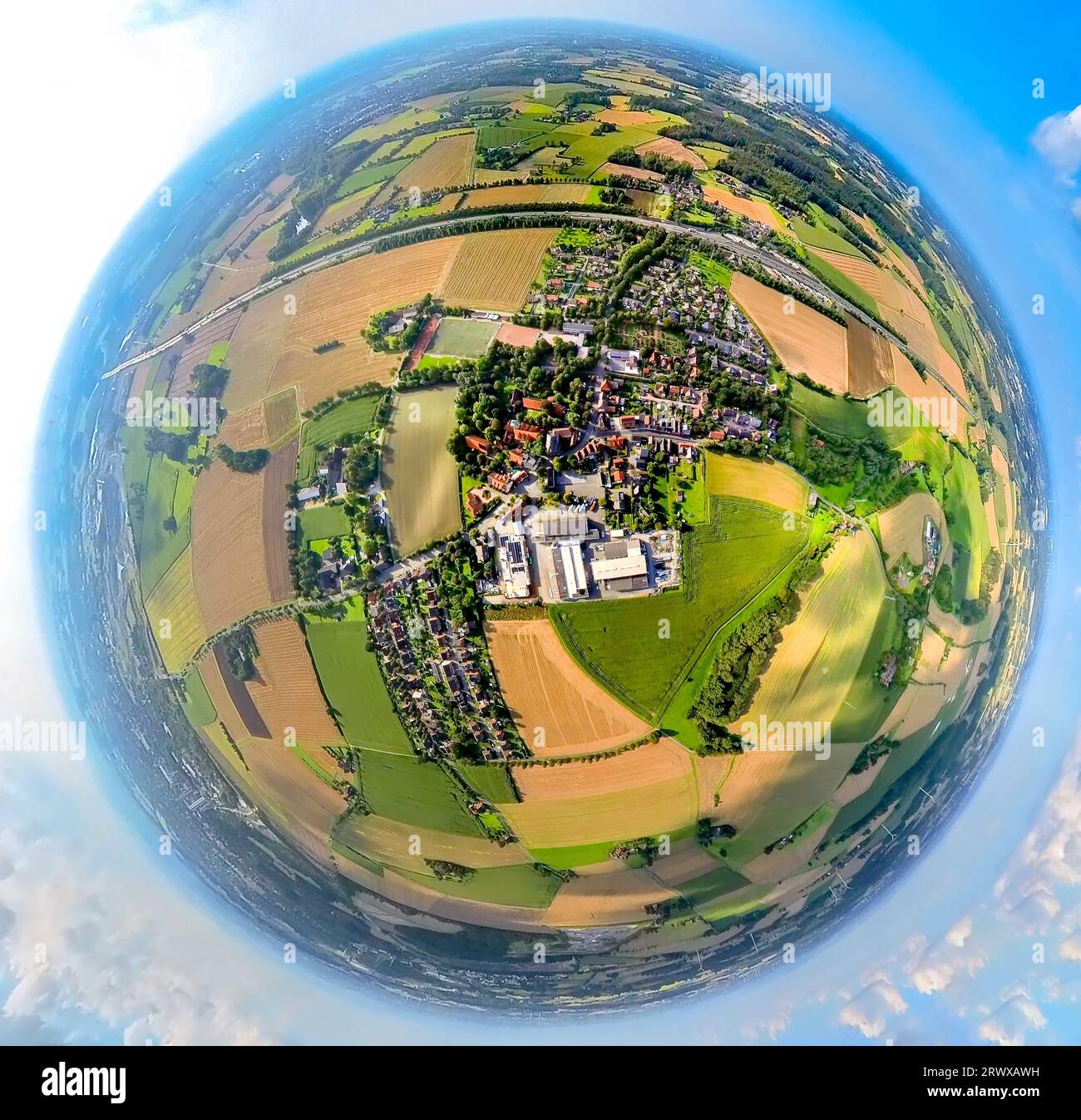 Aerial view, town view and highway A2 service area Vellern, globe ...