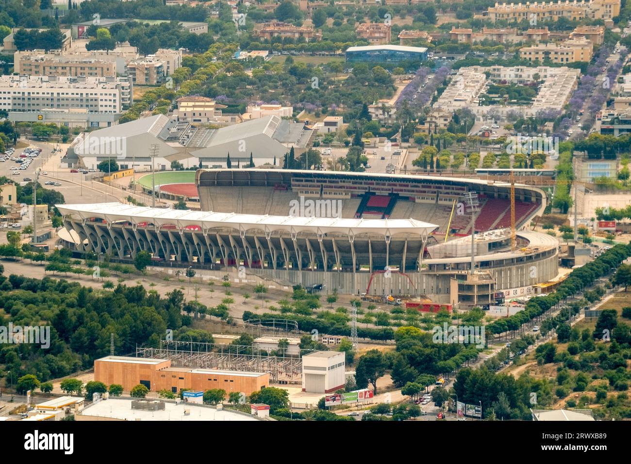 Aerial view, soccer stadium Estadi Mallorca Son Moix, construction site ...