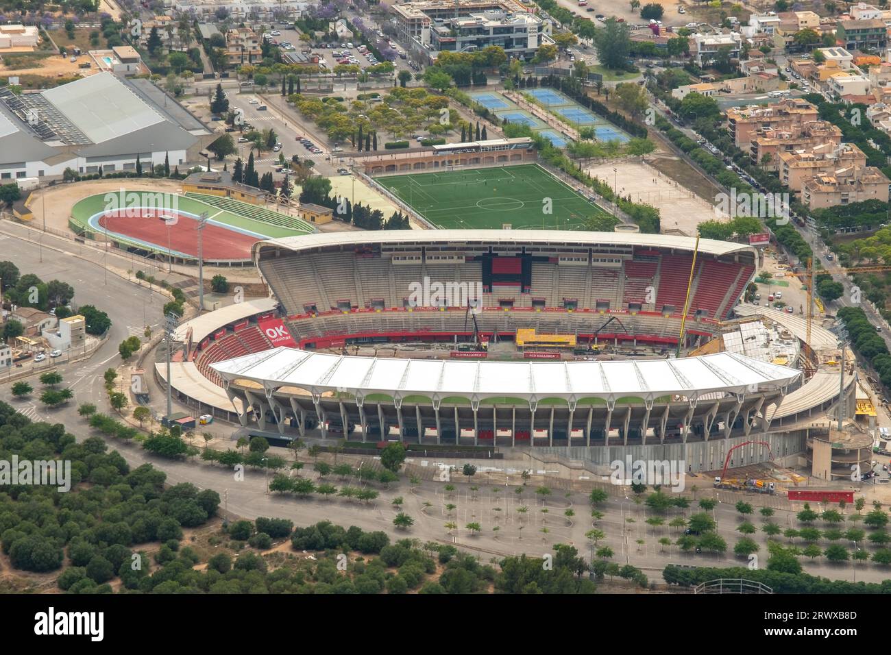 Aerial view, soccer stadium Estadi Mallorca Son Moix, construction site ...