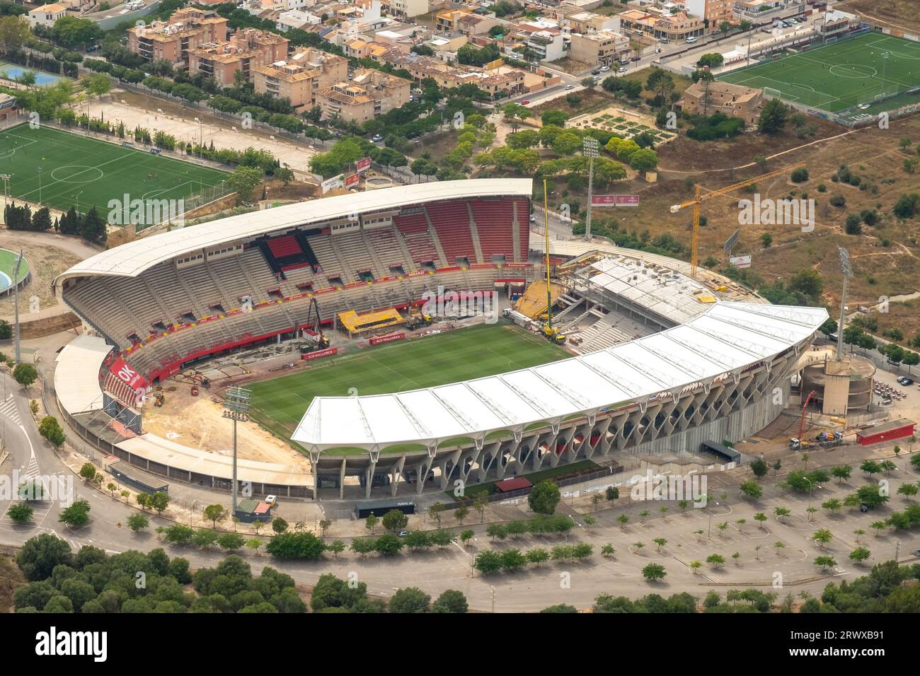 Aerial view, soccer stadium Estadi Mallorca Son Moix, construction site ...