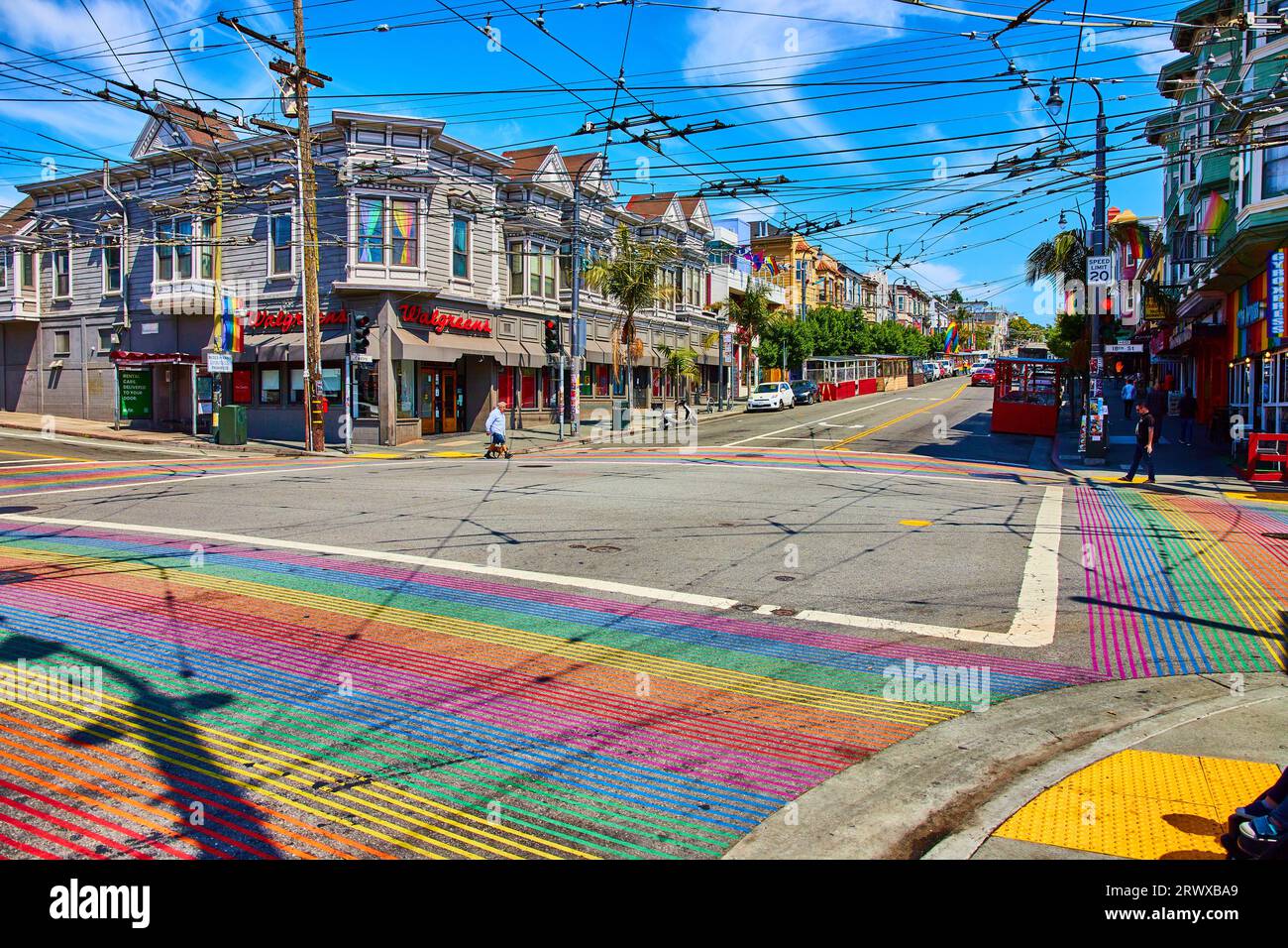 All four rainbow crosswalks on bright sunny day in Castro District ...