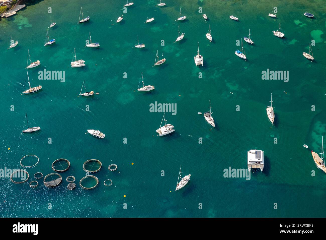 Aerial view, sailboats and catamarans in deep blue sea, fish farm ...