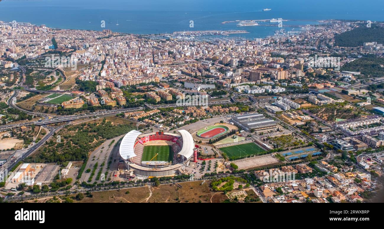 Aerial view, soccer stadium Estadi Mallorca Son Moix, construction site ...