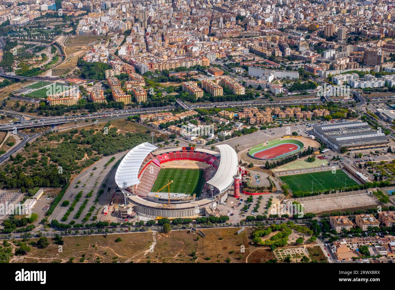 Aerial view, soccer stadium Estadi Mallorca Son Moix, construction site ...
